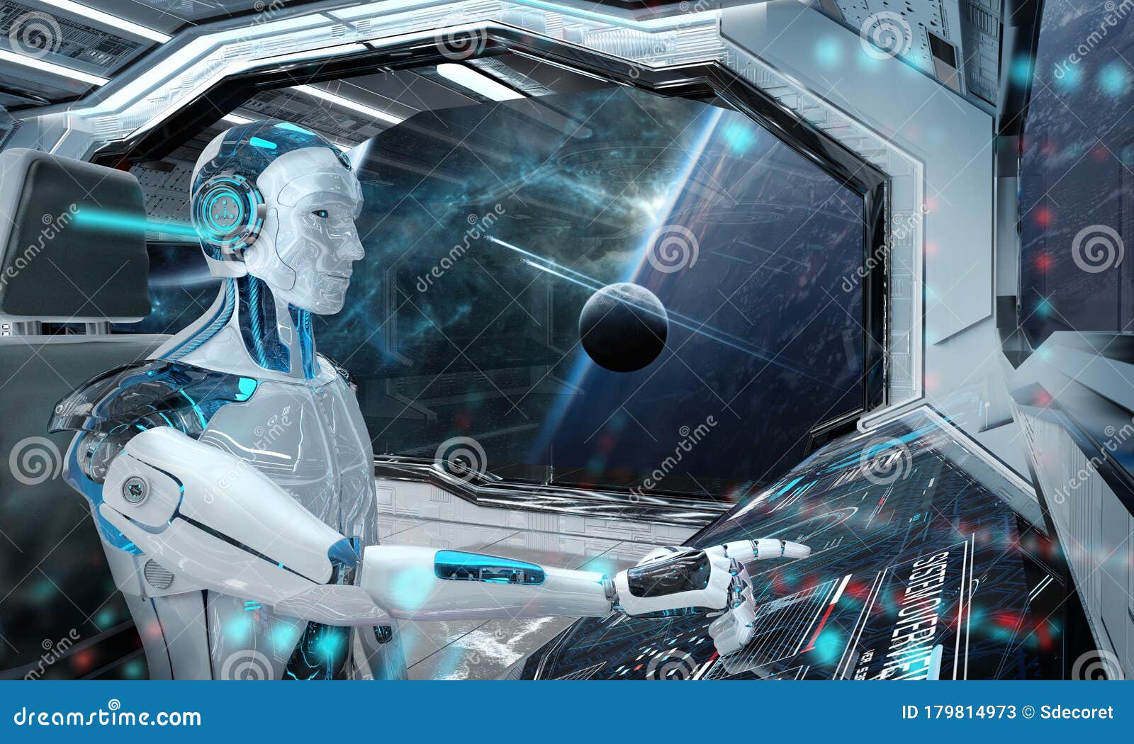 Robot in a Control Room Flying a White Modern Spaceship with Window ...
