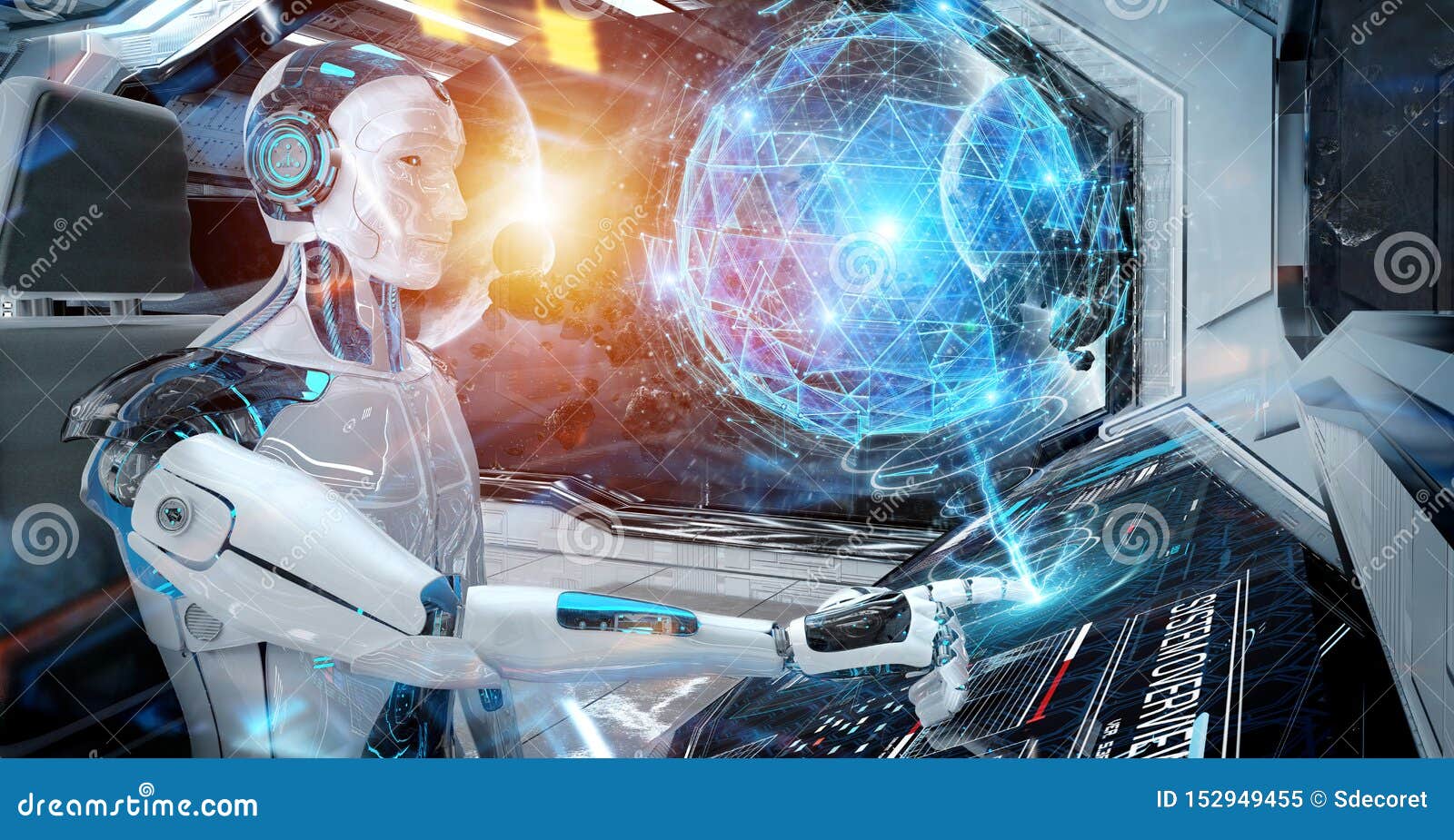 Robot in a Control Room Flying a White Modern Spaceship with Window ...