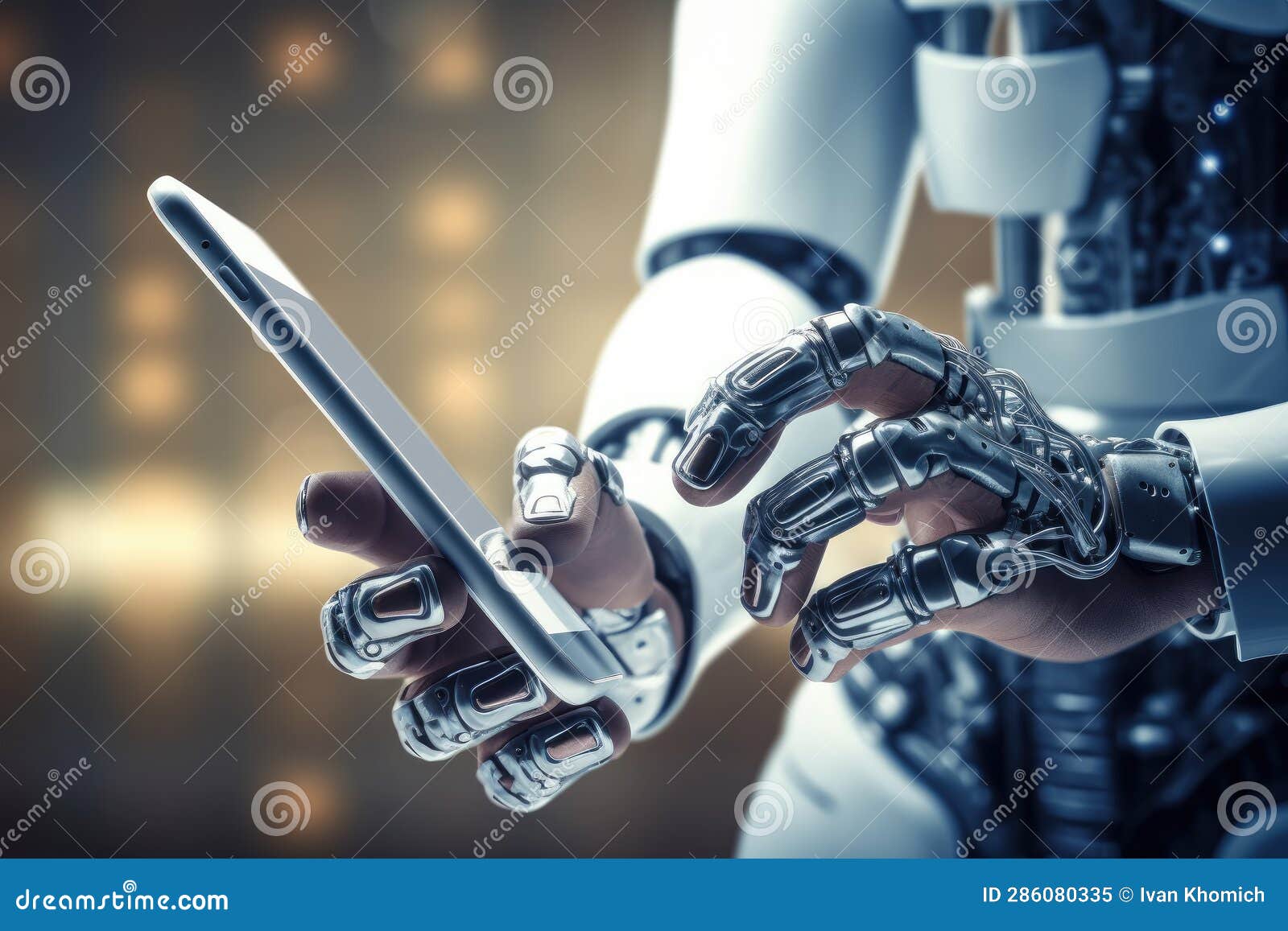 The Robot Controls, Writes on the Phone, Tablet. Stock Image - Image of ...