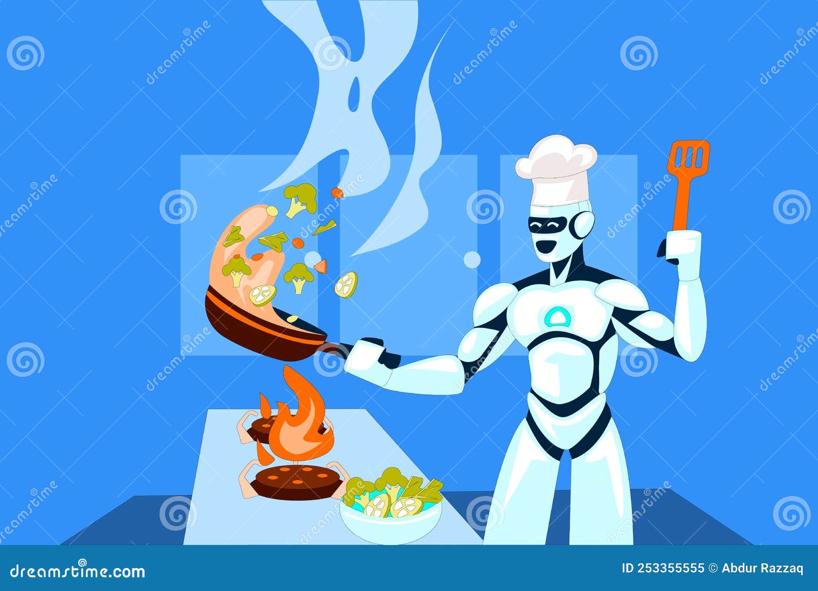Robot Cooking Foods in Kitchen Illustration Vector Art Stock ...