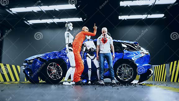 Robot Crash Test Dummy and Human. Future Concept. 3d Rendering. Stock ...