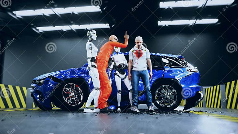 Robot Crash Test Dummy and Human. Future Concept. 3d Rendering. Stock ...