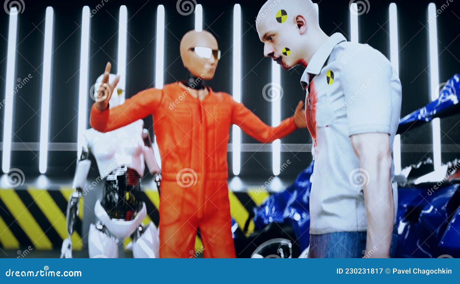 Robot Crash Test Dummy and Human. Future Concept. 3d Rendering. Stock ...