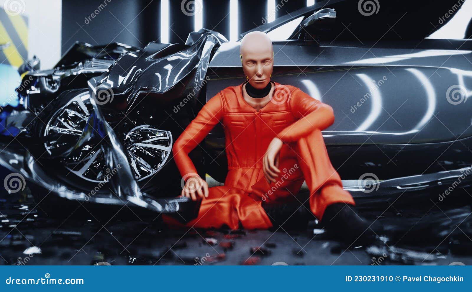 Robot Crash Test Dummy Sitting Near Destroyed Car Crash Test. Future ...