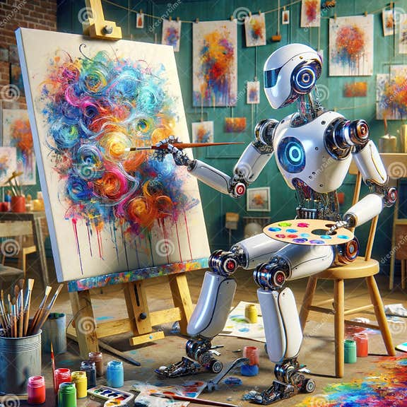 Robot Creating Abstract Art Stock Illustration - Illustration of ...