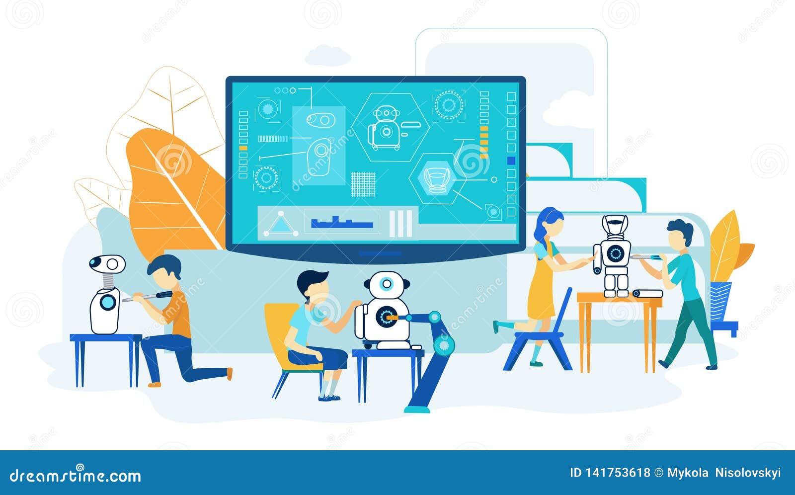 Robot Creating. Young Student Workshop. Cyborg Toy Stock Vector ...