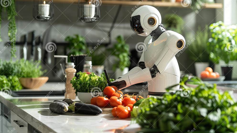 Robot Cutting Vegetables in Kitchen Stock Image - Image of automation ...
