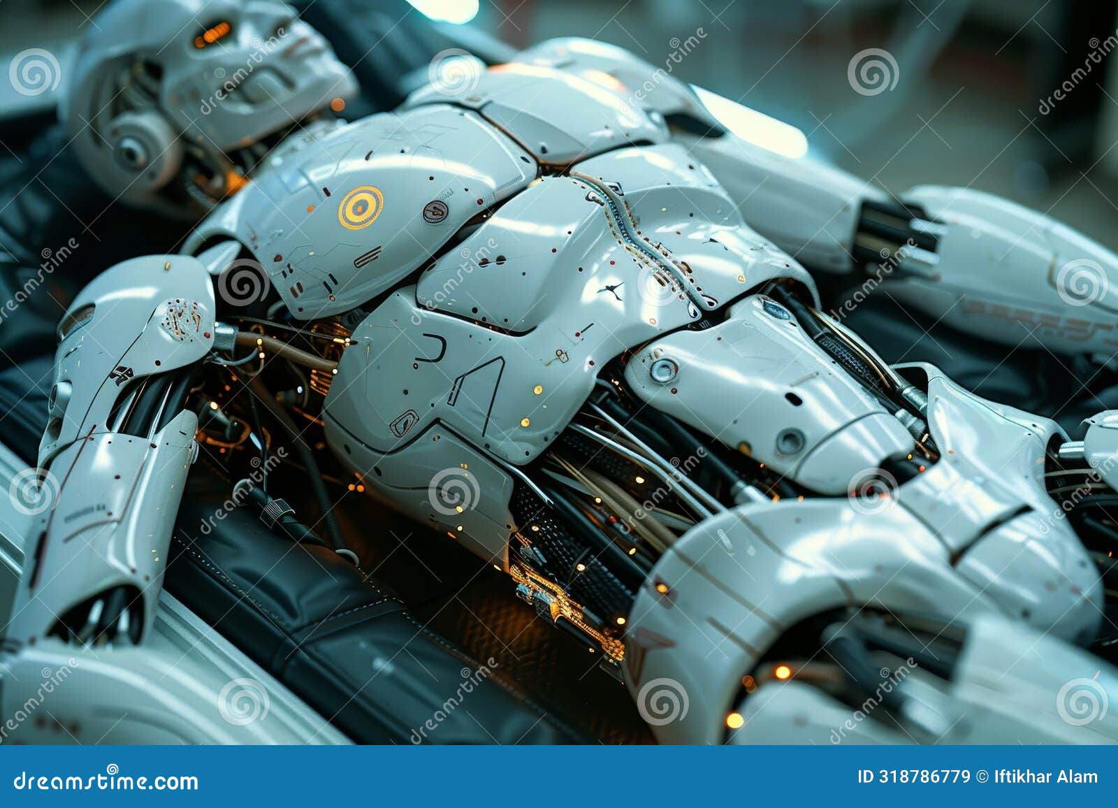 A Robot With Cybernetic Implants And Enhancements Is Laying Down On A ...