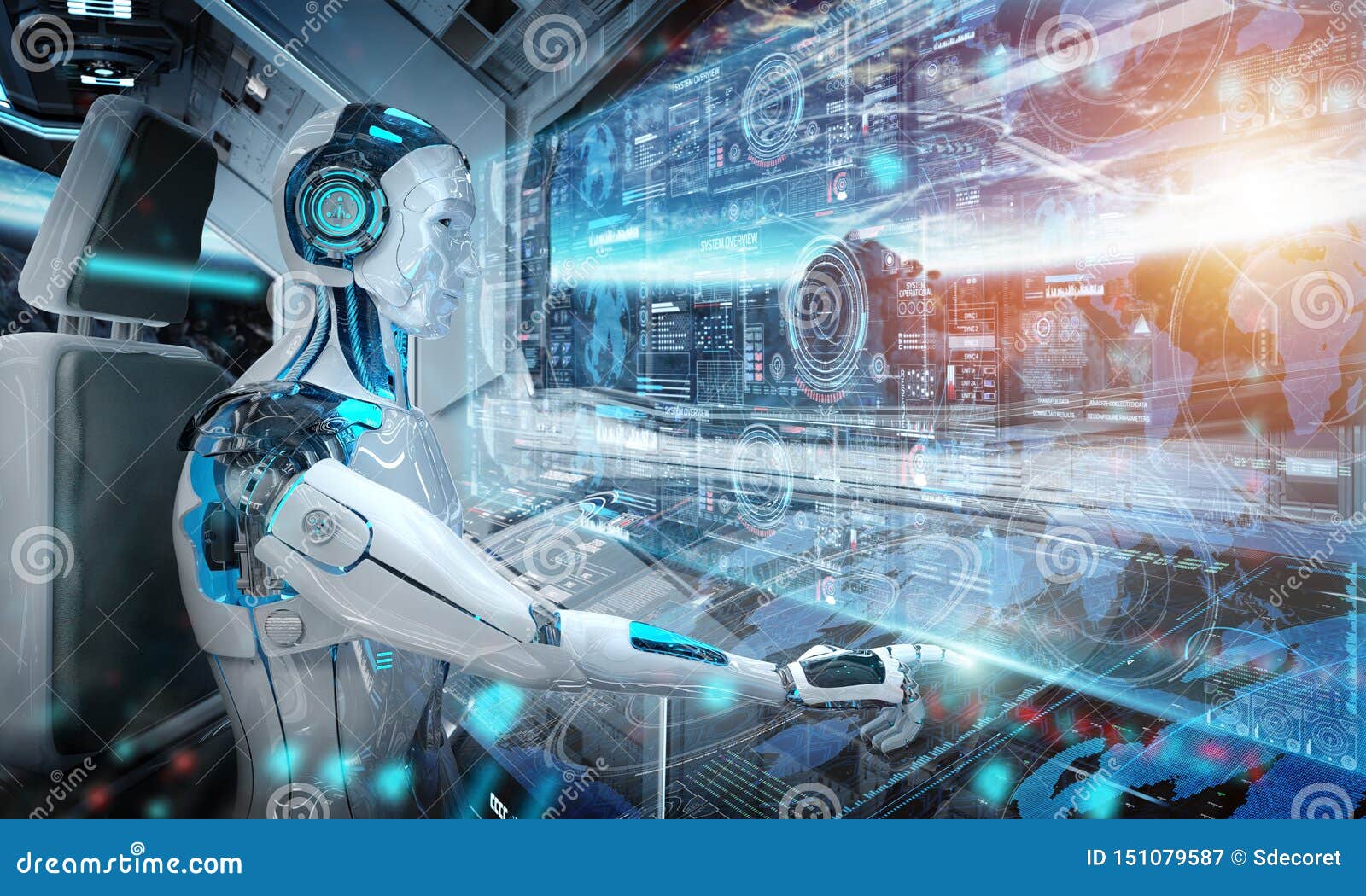 Robot Cyborg in a Control Room Flying a White Modern Spaceship with ...