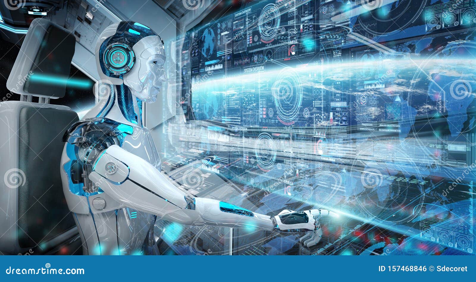 Robot Cyborg in a Control Room Flying a White Modern Spaceship with ...