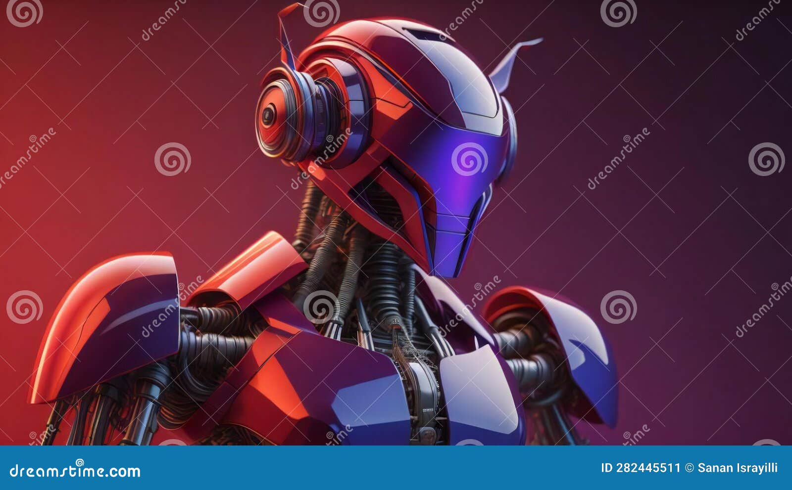Robot or Cyborg with Headphones on Red Background. Generative Ai Stock ...