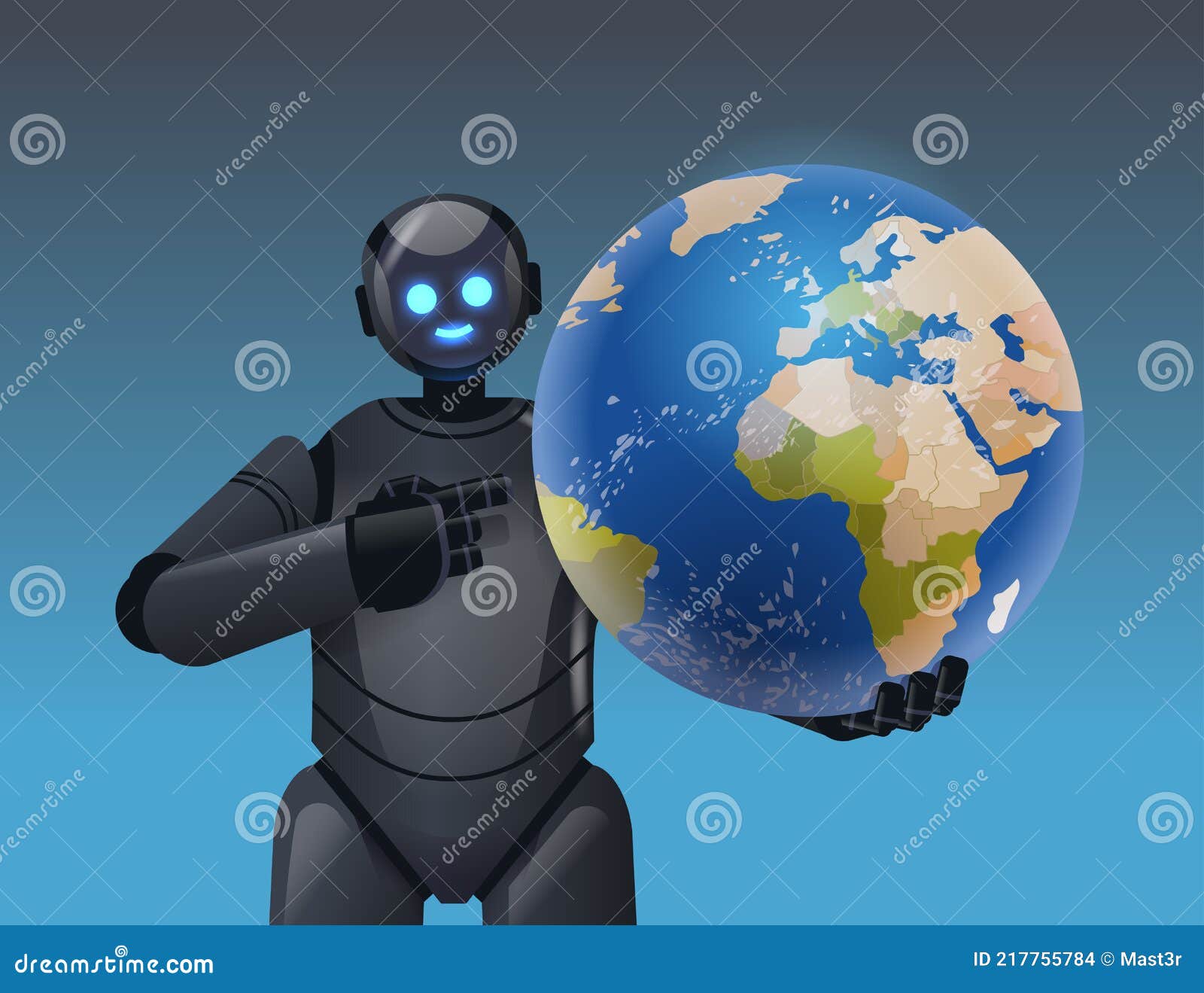 Robot Cyborg Holding Planet Earth Globe Modern Robotic Character ...