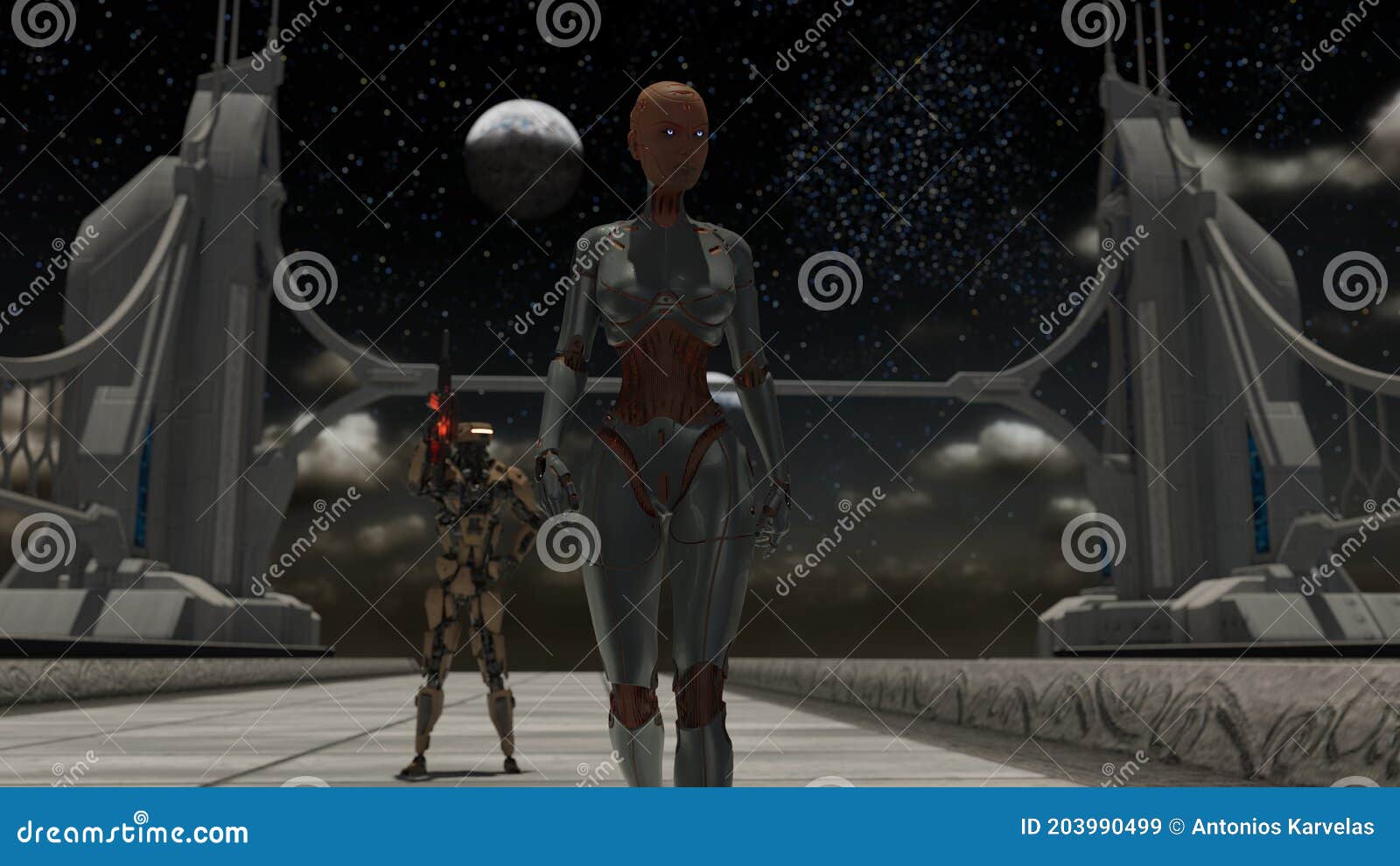 Robot and Cyborg on a Space Base Stock Illustration - Illustration of ...