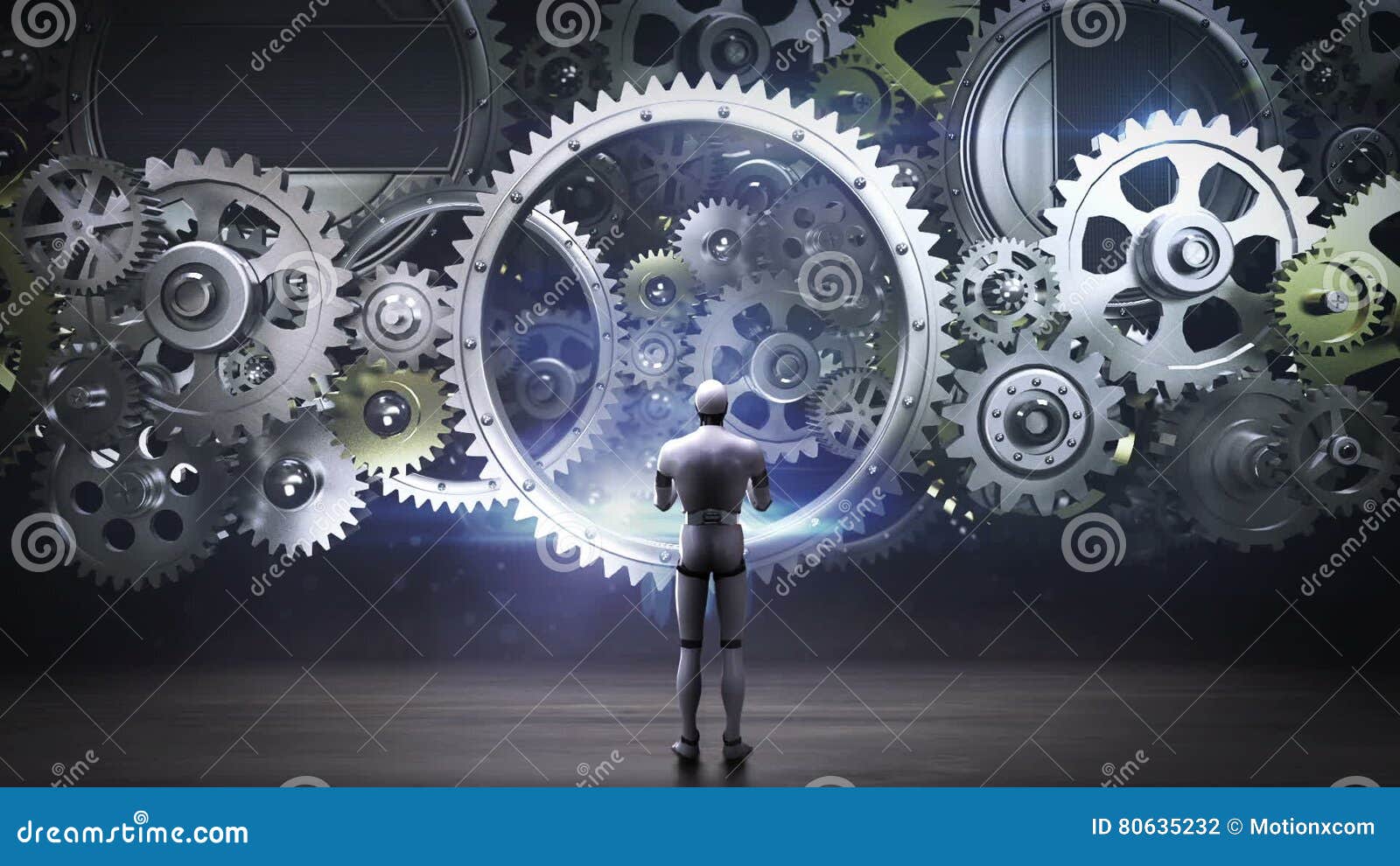 Robot, Cyborg Standing Big Gear Wheels, Connecting Gear Wheels ...