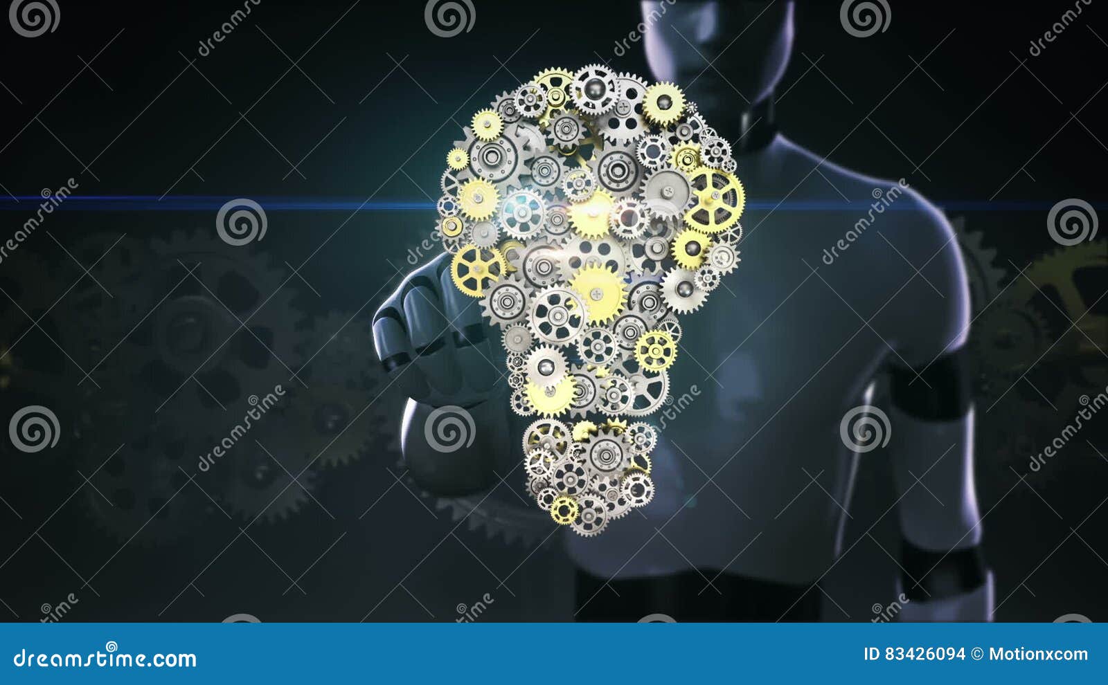 Robot, Cyborg Touching Screen, Big Gears Gathered Idea Bulb Shape ...