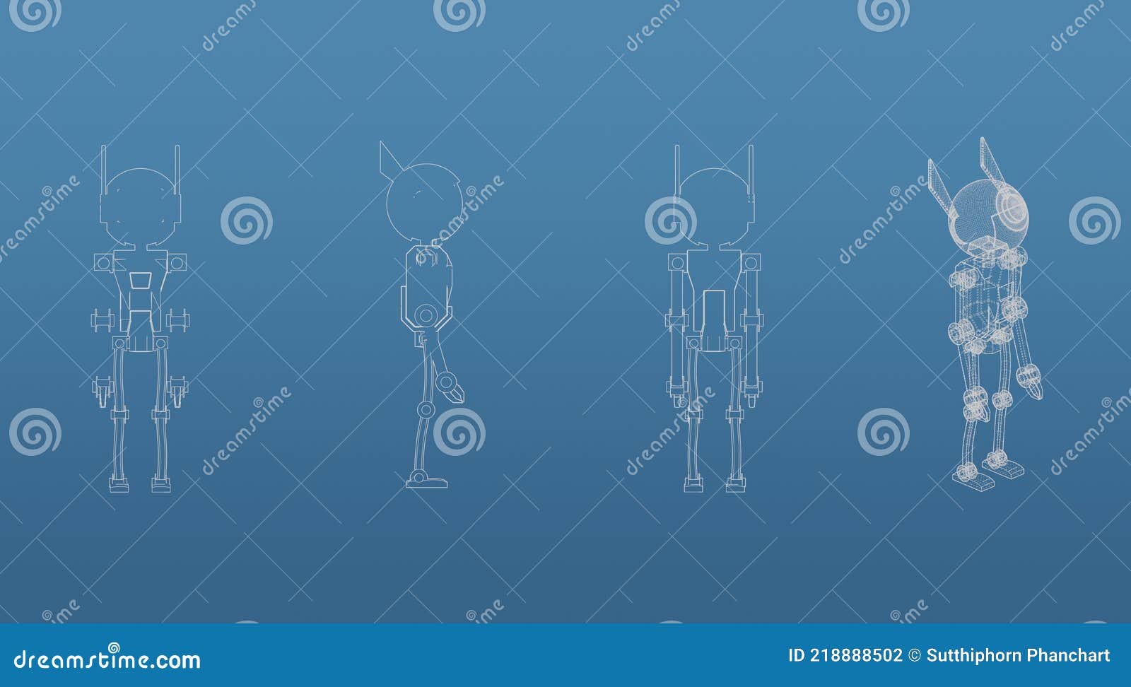 Robot 3d Blueprint Mesh Model on a Blue Background. Front View ...