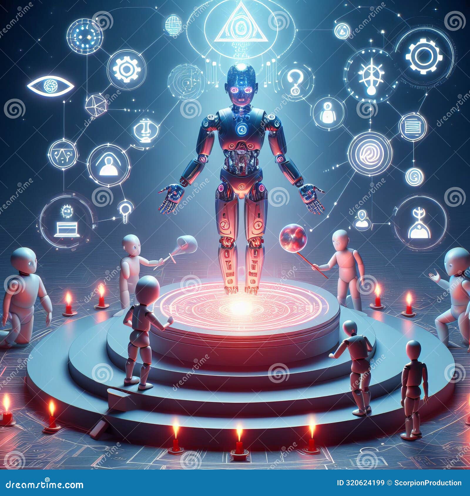 Robot Deity Surrounded by Worshipping Mini Robots in a Digital Temple ...