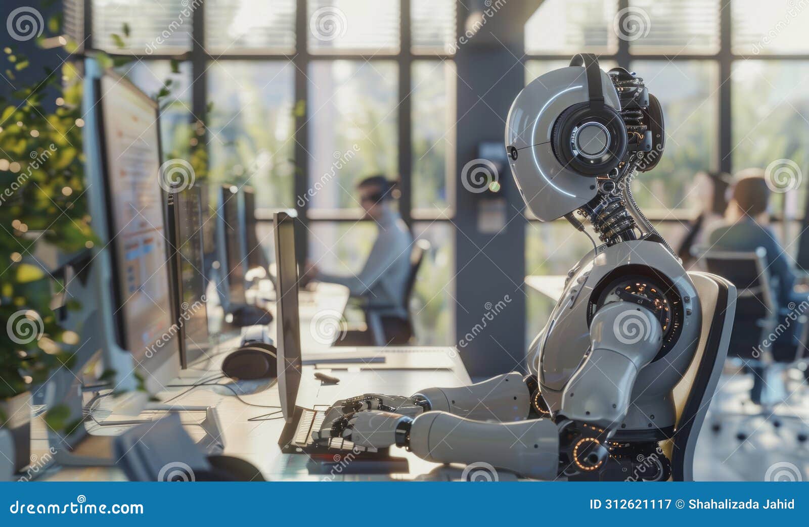 A Robot is at a Desk with a Computer in a Building Stock Image - Image ...