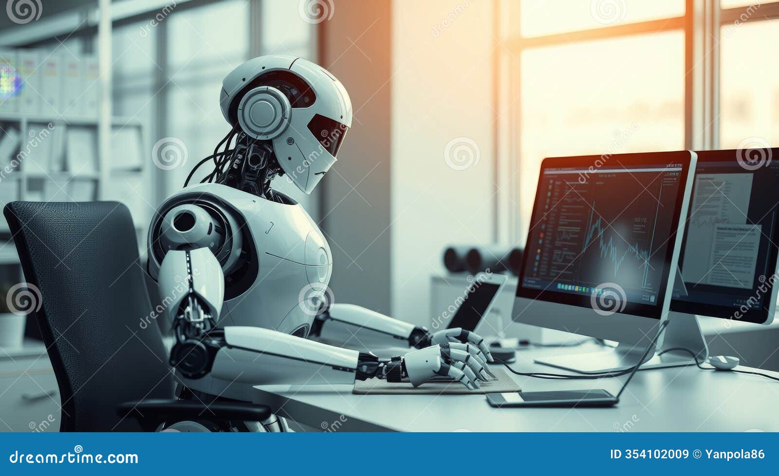 Robot at a Desk Using Dual Monitors in a Modern Office, Illustrating ...