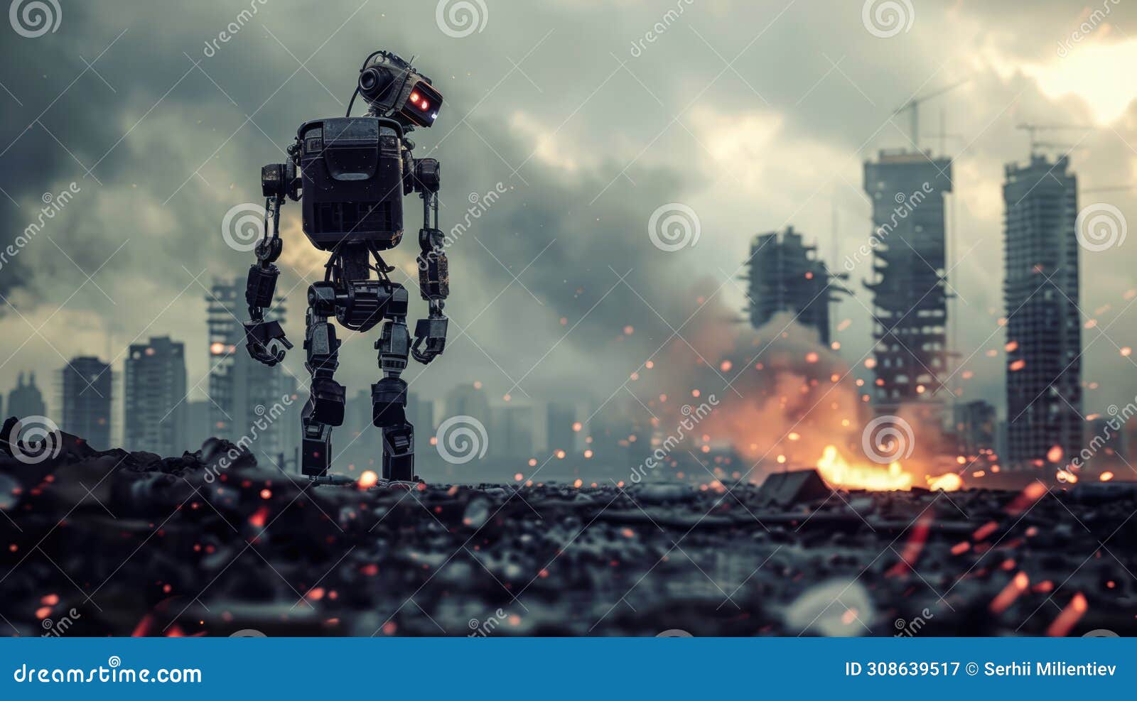 Robot in the Destroyed the City. Ai Androids at World War. Concept of ...