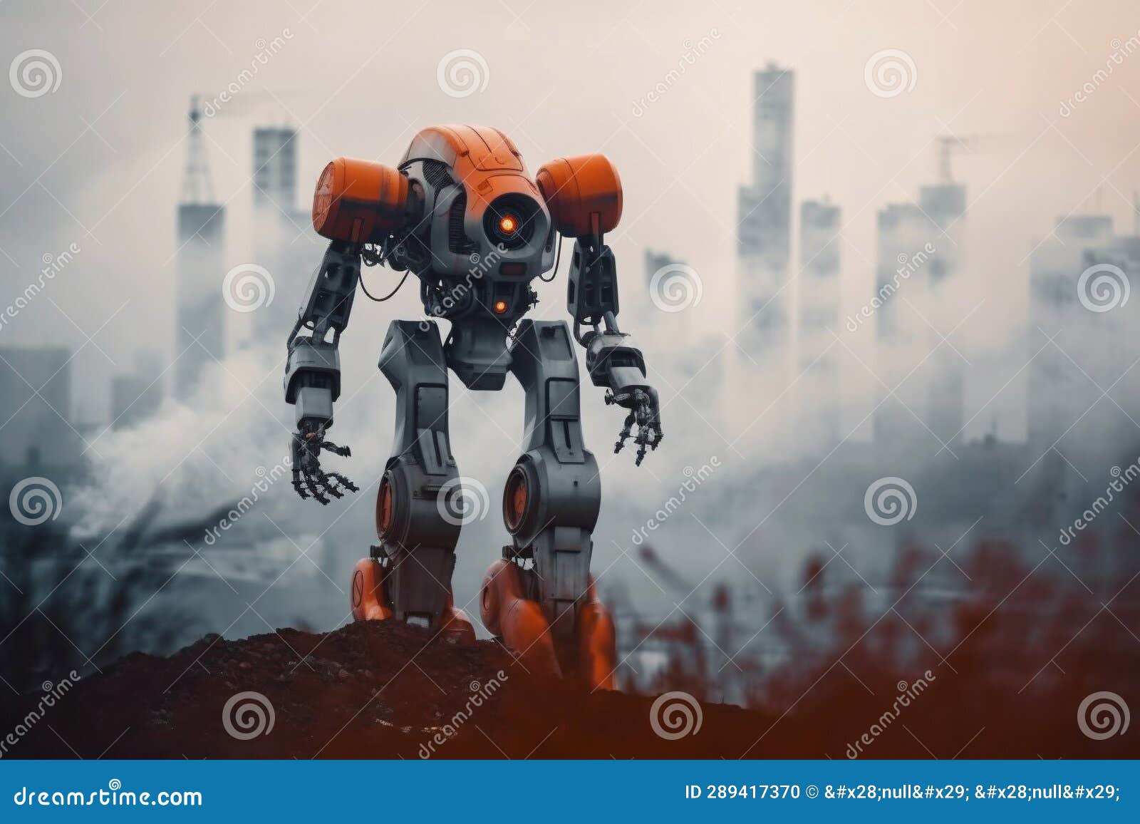 A Robot with a Destroyed City after the End of the World. AI Generative ...