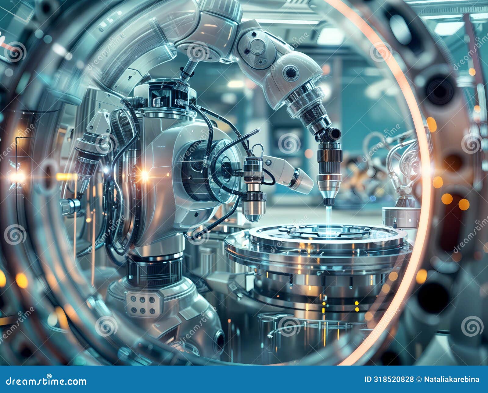 A Robot is Diligently Working on a Machine in a Busy Factory, Assisting ...