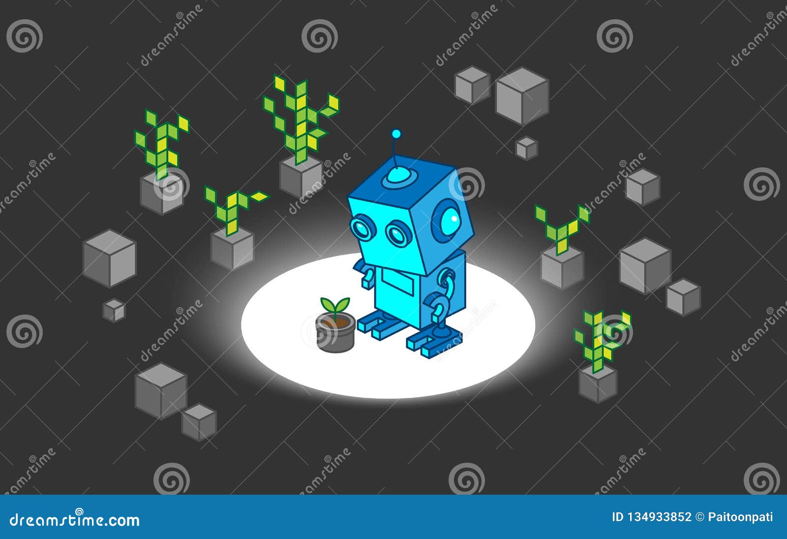 Robot Discover Young Plant among Digital Tree and Rock Illustration ...