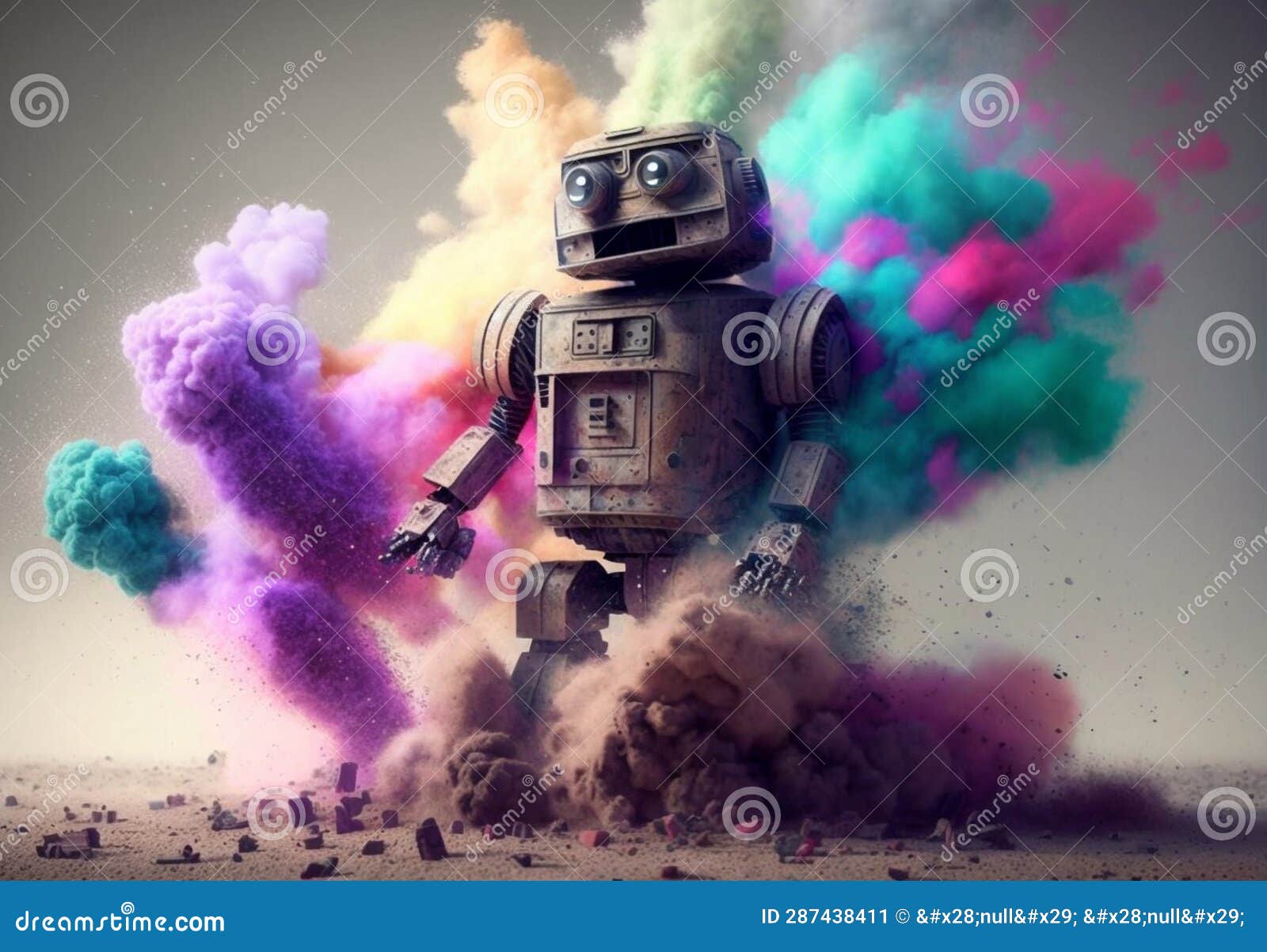 Robot Disposing of Smoke Bombs on a Colorful Background.Bomb Disposal ... Robot Disposing of Smoke Bombs on a Colorful Background.Bomb Disposal ...