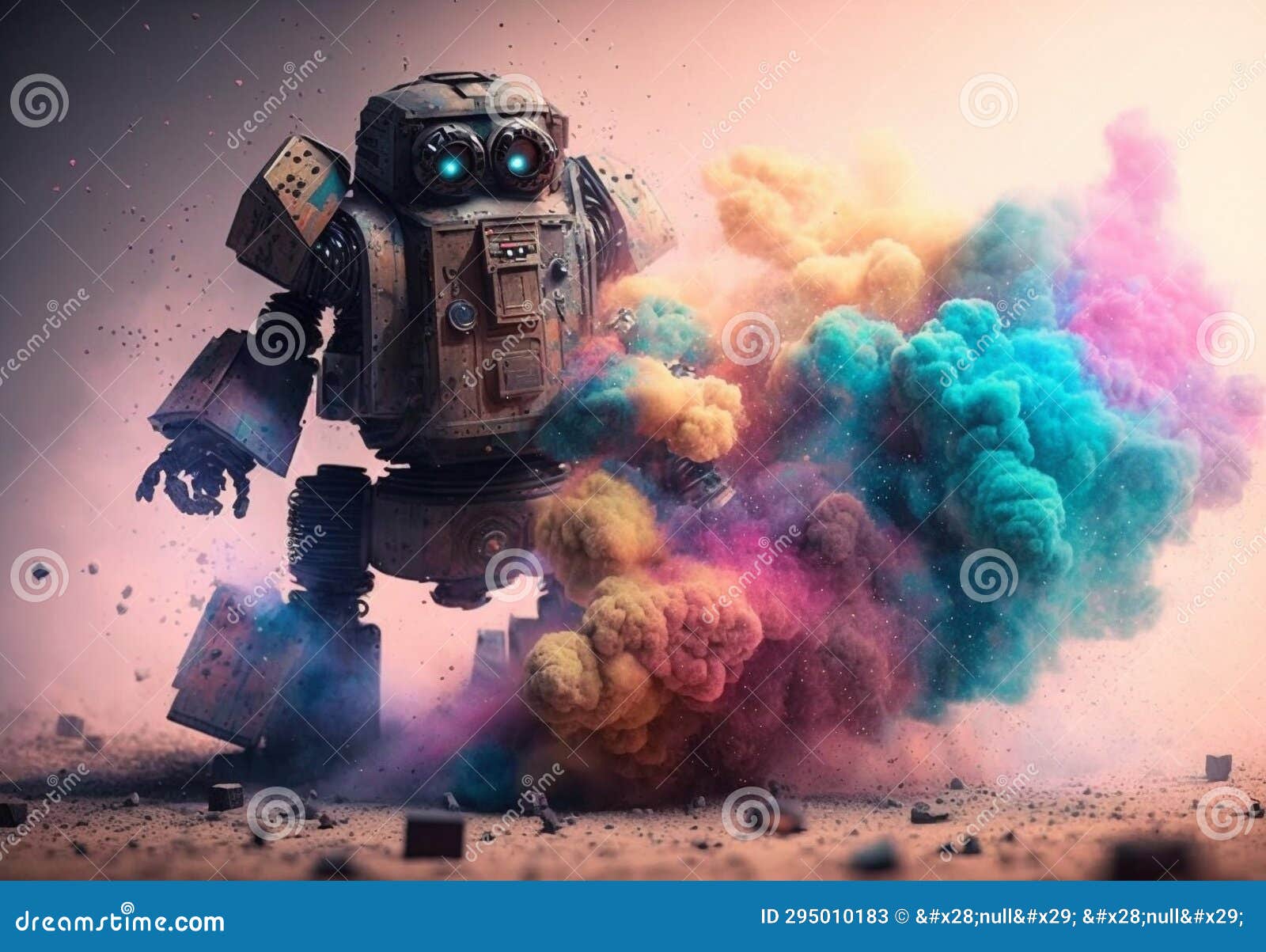 Robot Disposing Of Smoke Bombs On A Colorful Background.Bomb Disposal ... Robot Disposing Of Smoke Bombs On A Colorful Background.Bomb Disposal ...