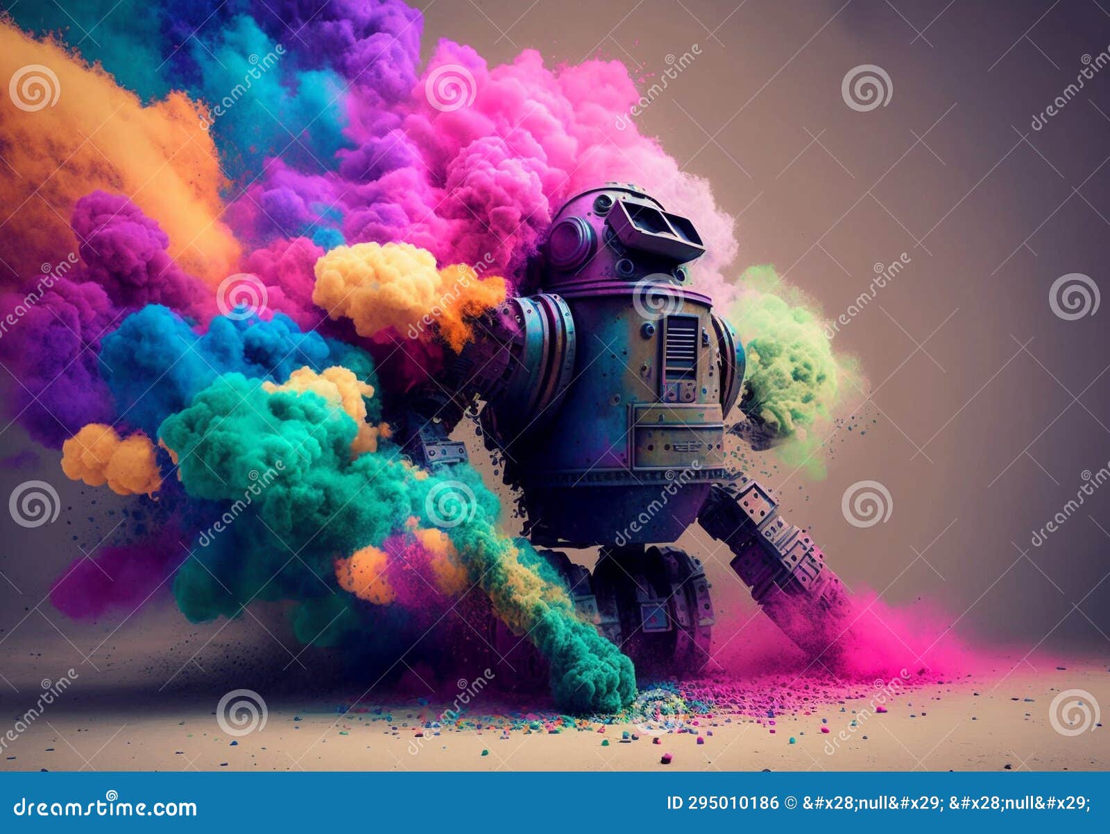 Robot Disposing Of Smoke Bombs On A Colorful Background.Bomb Disposal ... Robot Disposing Of Smoke Bombs On A Colorful Background.Bomb Disposal ...