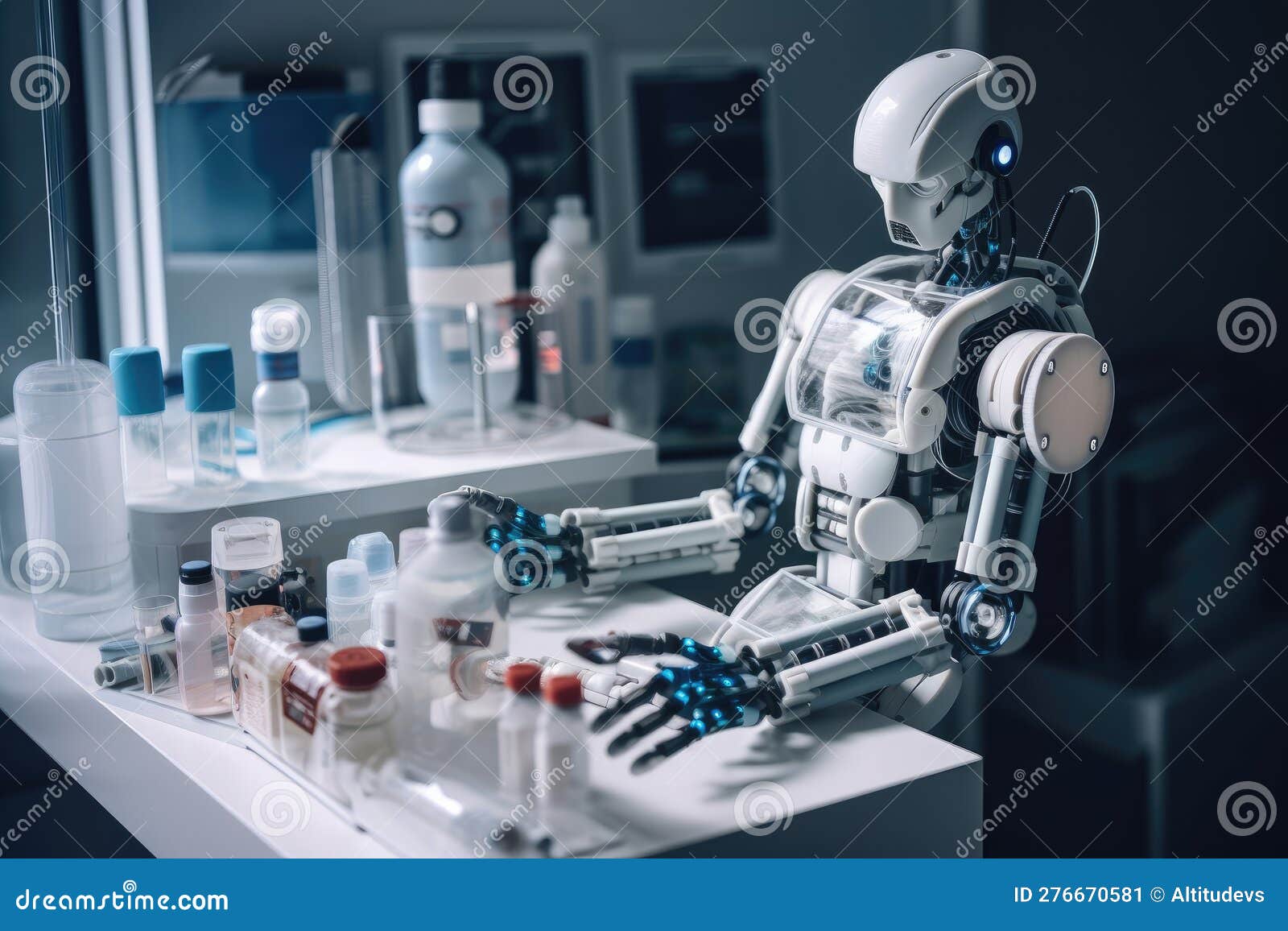 Robot Doctor Adjusting Iv Drip and Preparing Medications for Patient ...