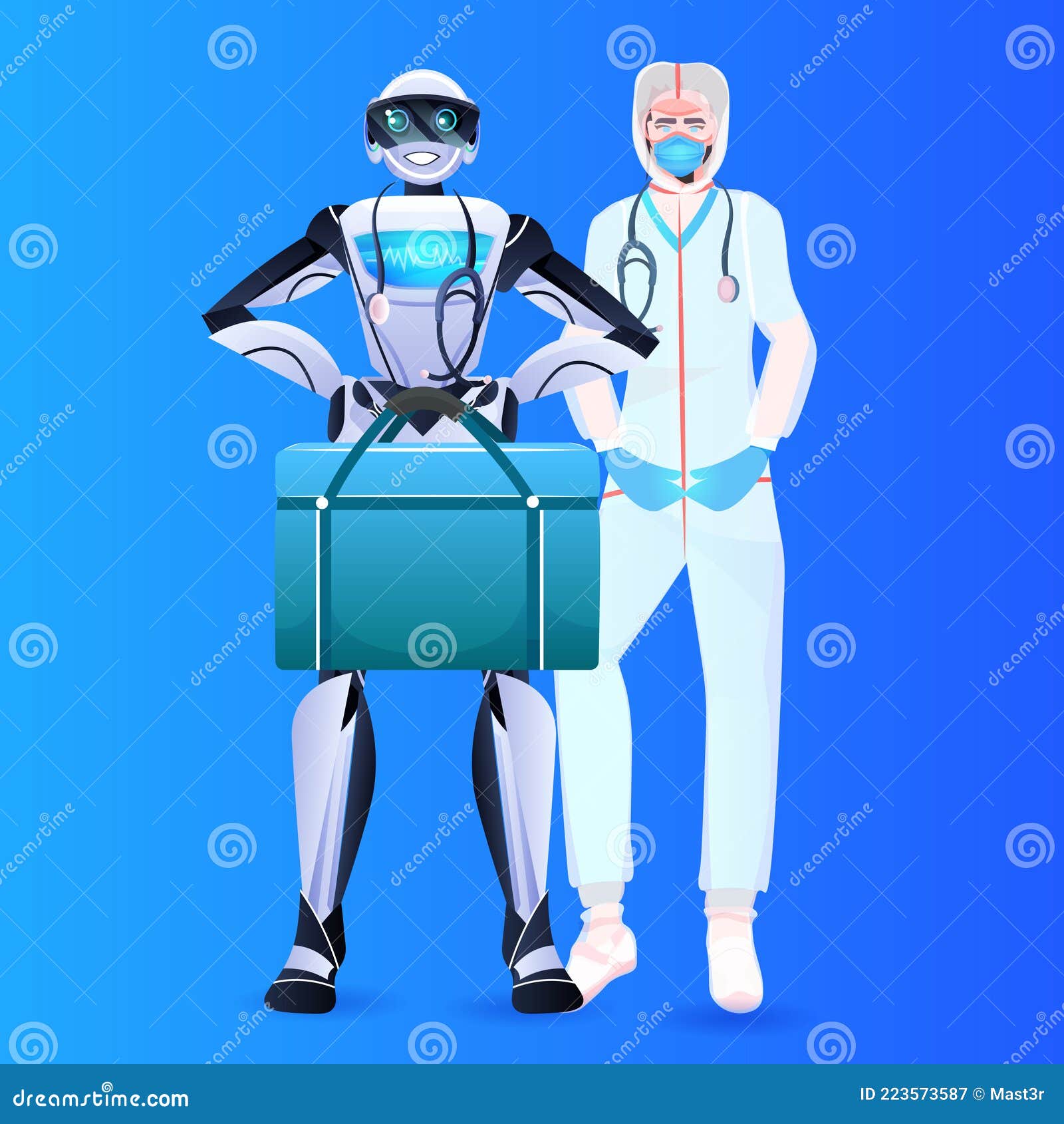 Robot Doctor with Scientist in Protective Suit Standing Together ...