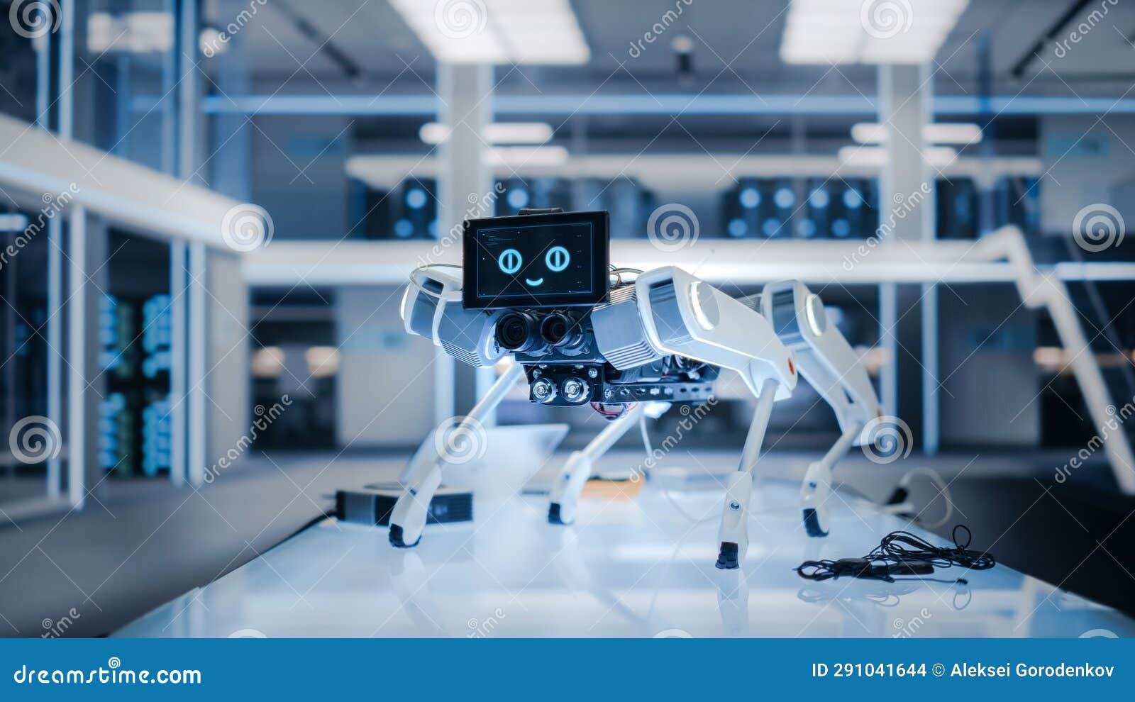 Robot Dog Prototype Standing in a High Tech Modern Industrial Facility ...