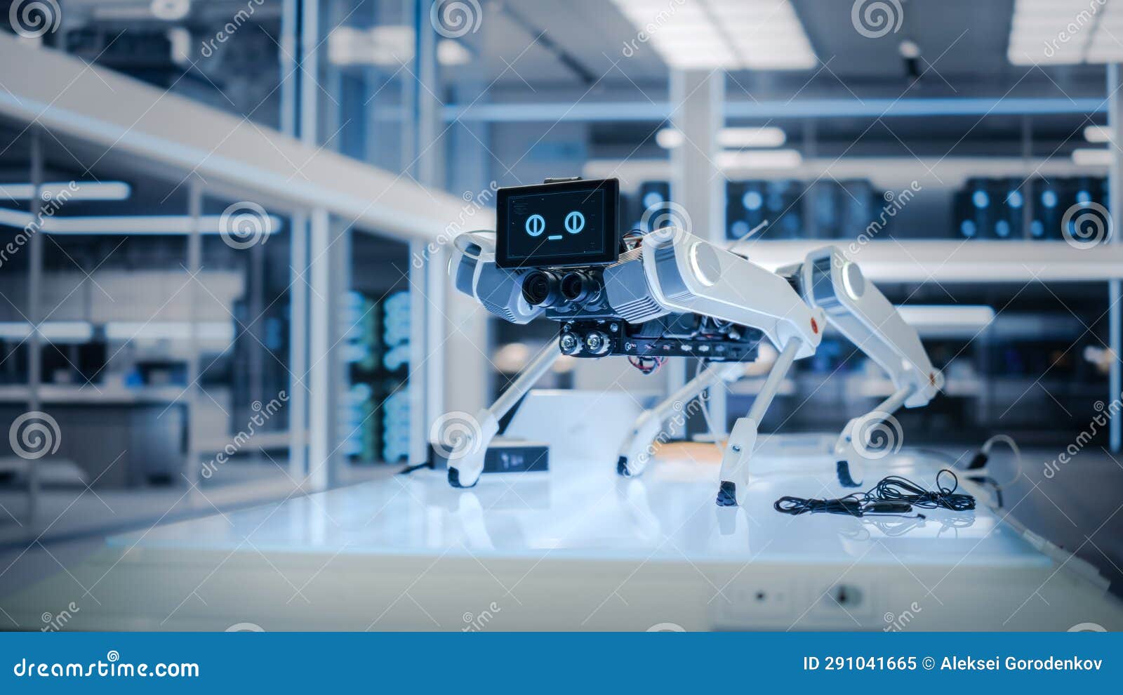 Robot Dog Prototype Standing in a High Tech Modern Industrial Facility ...
