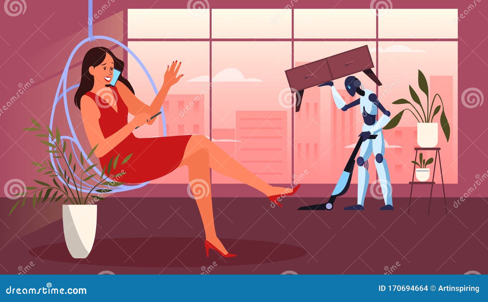 Robot Doing Housework. Robotic Housekeeping Stock Vector - Illustration ... Robot Doing Housework. Robotic Housekeeping Stock Vector - Illustration ...