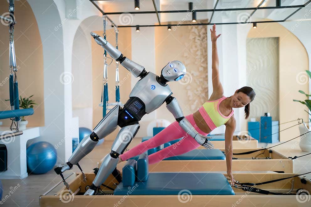 Robot Doing Pilates in Studio. the Robot Performs the Exercise Together ...
