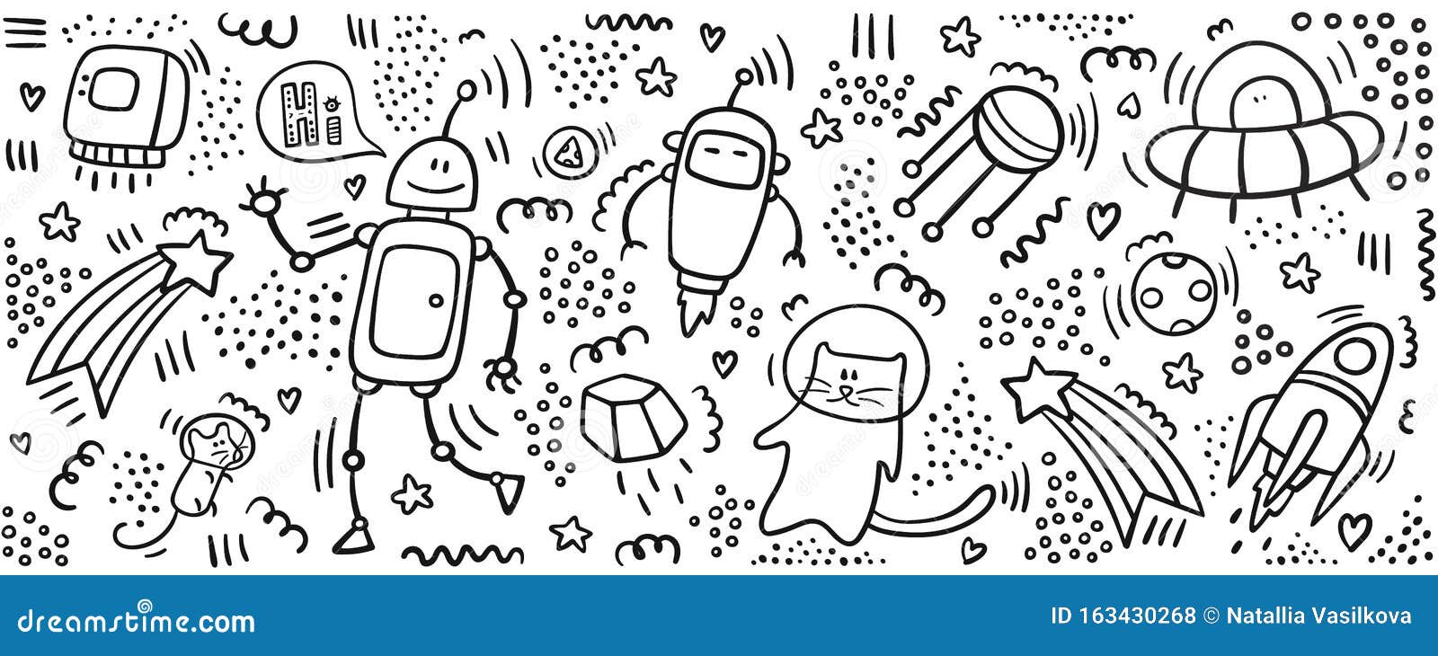 Robot Doodle Print. Set Of Space Objects, Robot And Symbols. Planets ...