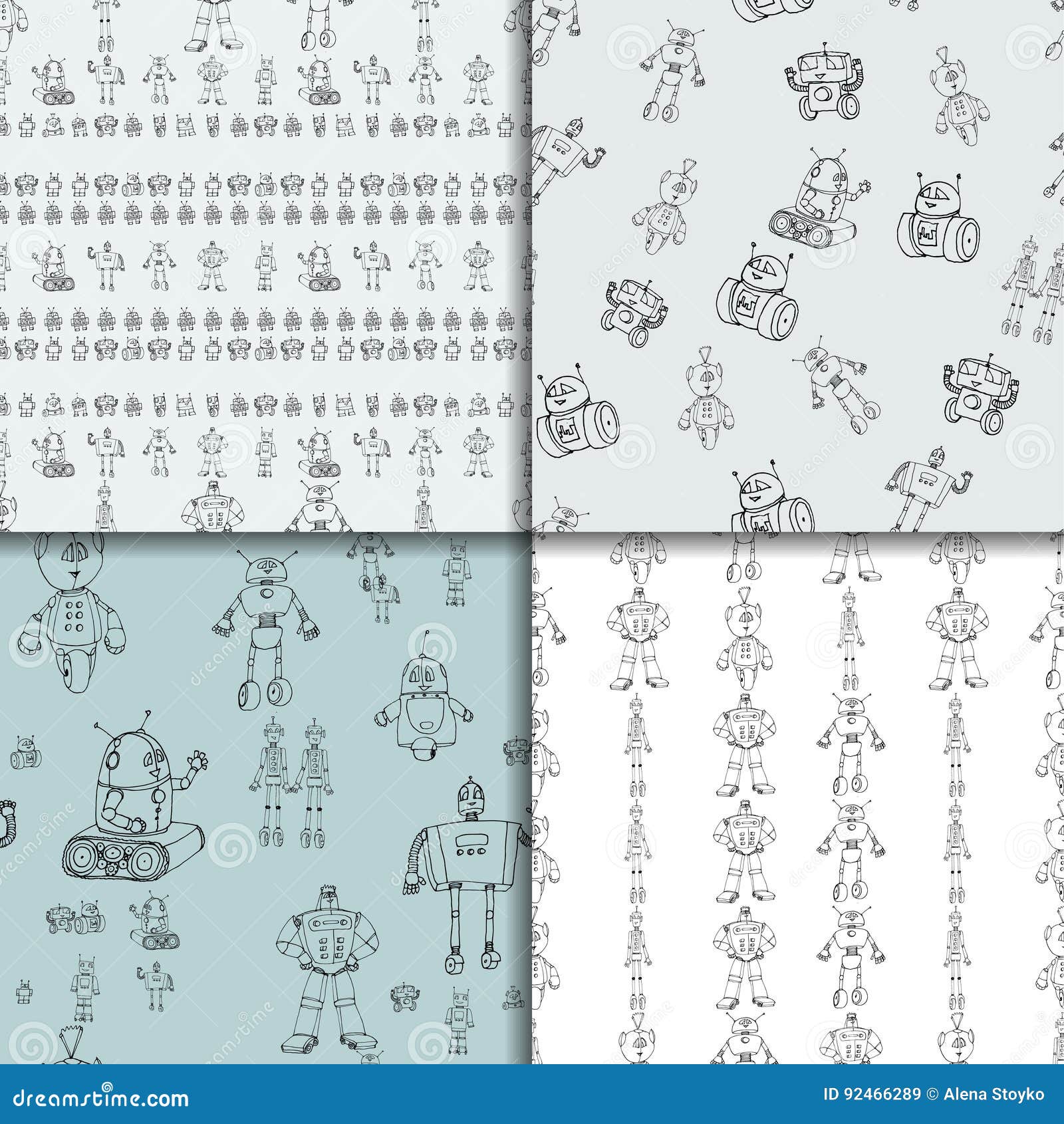 Robot doodles pattern set. stock vector. Illustration of doodle - 92466289