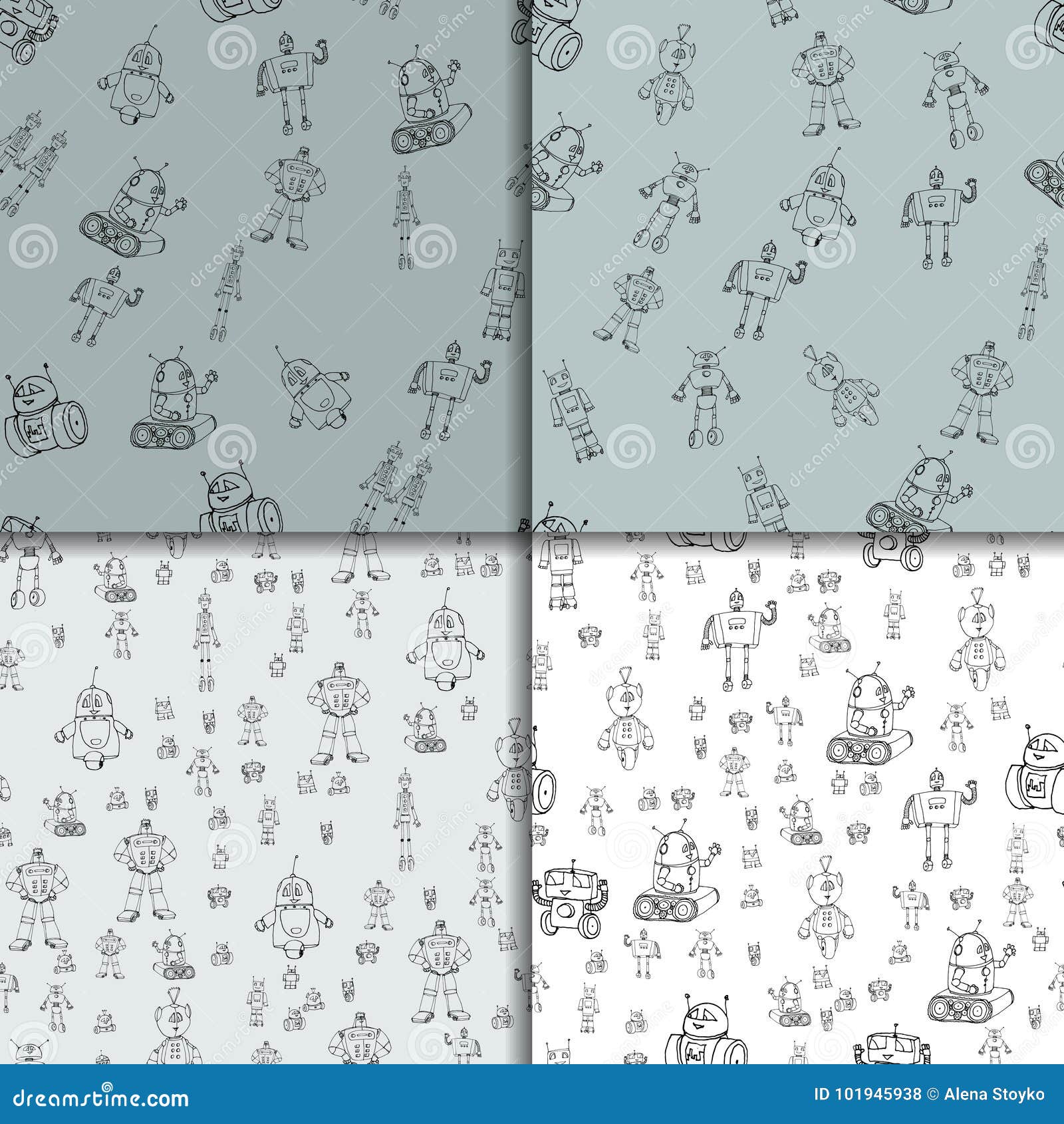 Robot doodles pattern set. stock vector. Illustration of decoration ...