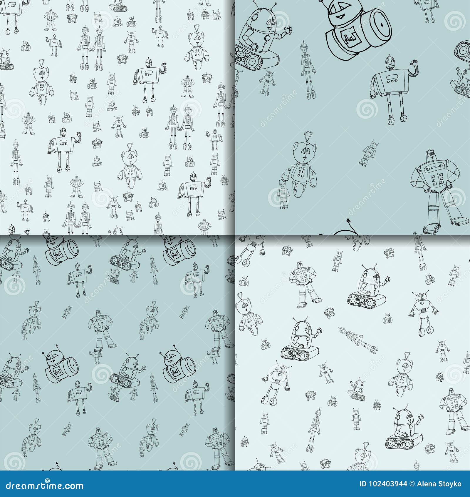 Robot doodles pattern set. stock vector. Illustration of cartoon ...