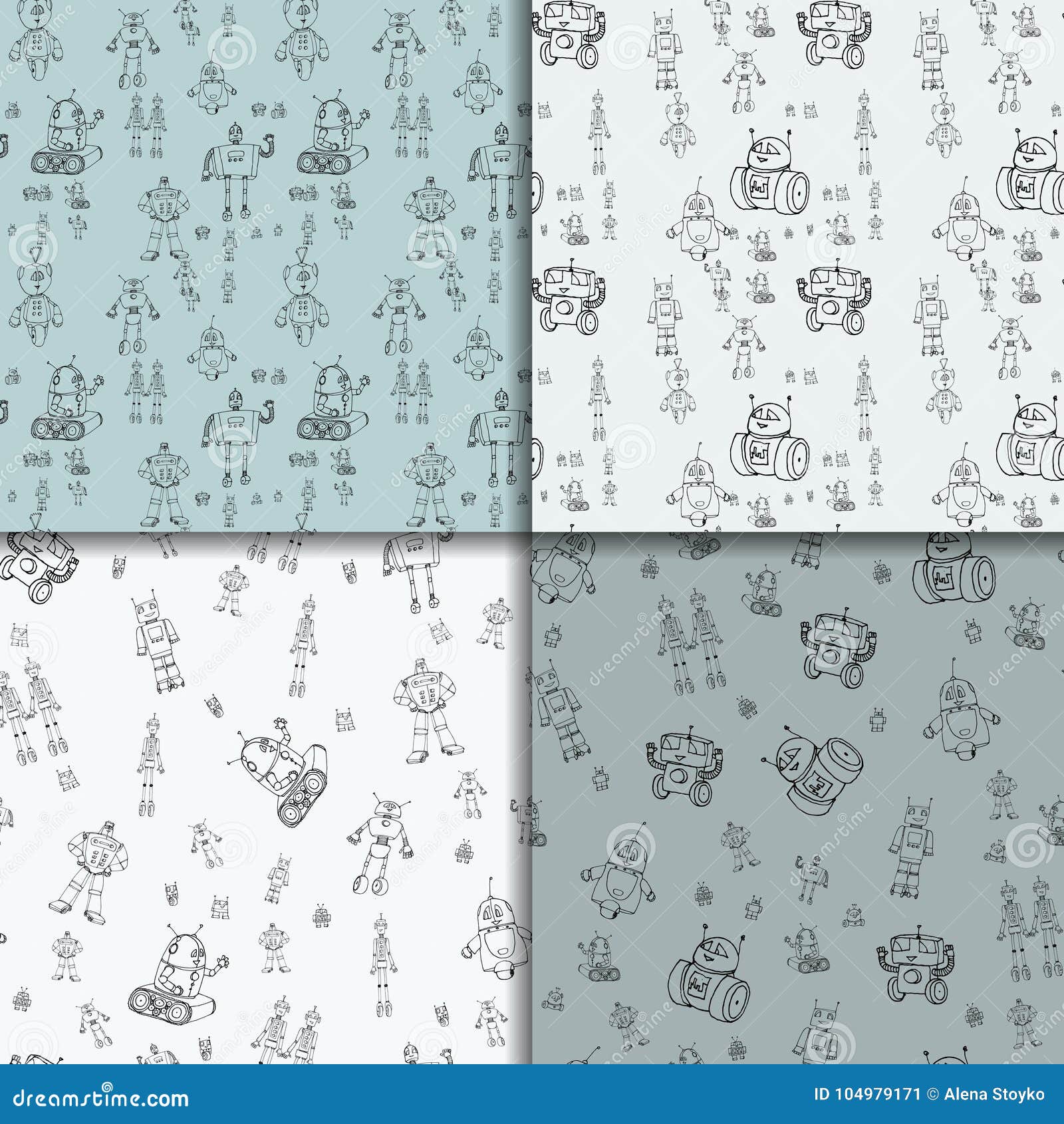 Robot doodles pattern set. stock vector. Illustration of imagination ...