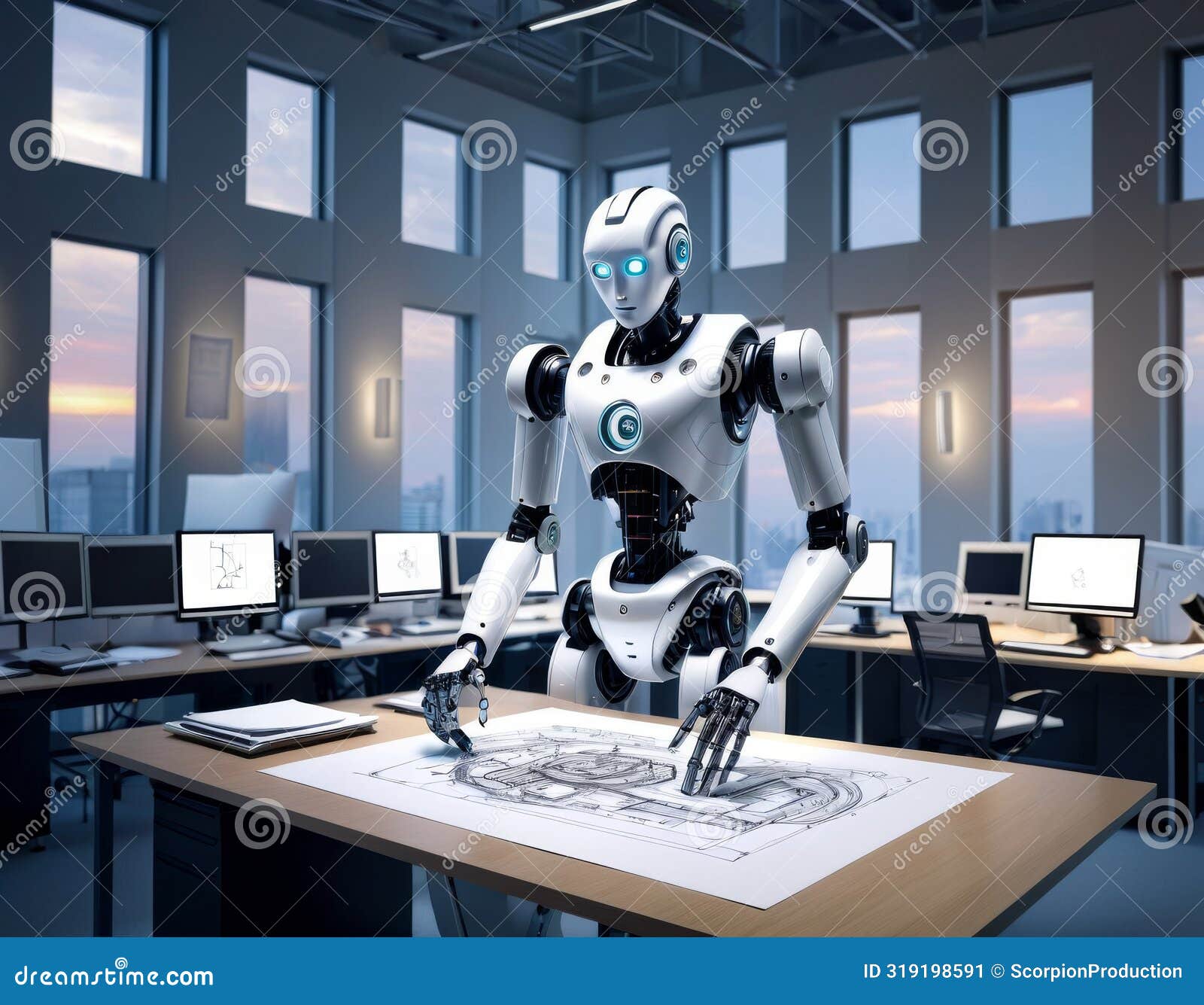 Robot Drafting Architectural Blueprints at Dusk Stock Image - Image of ...
