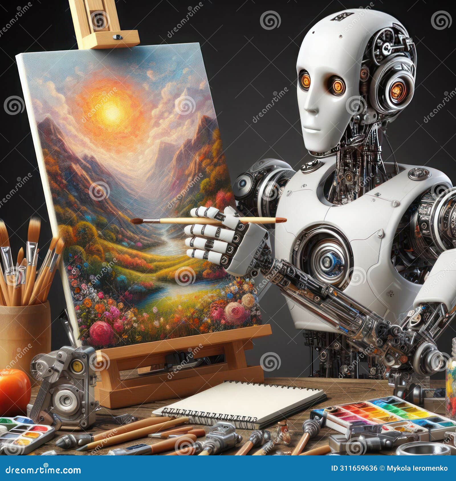 AI Robot Drawing A Picture In An Art Gallery Using AI Image Generator ...