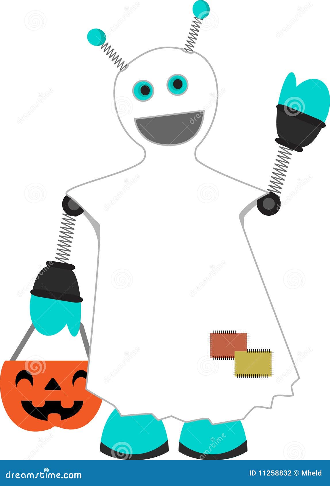Robot Dressed As Ghost Holding Pumpkin Waving Stock Vector ...