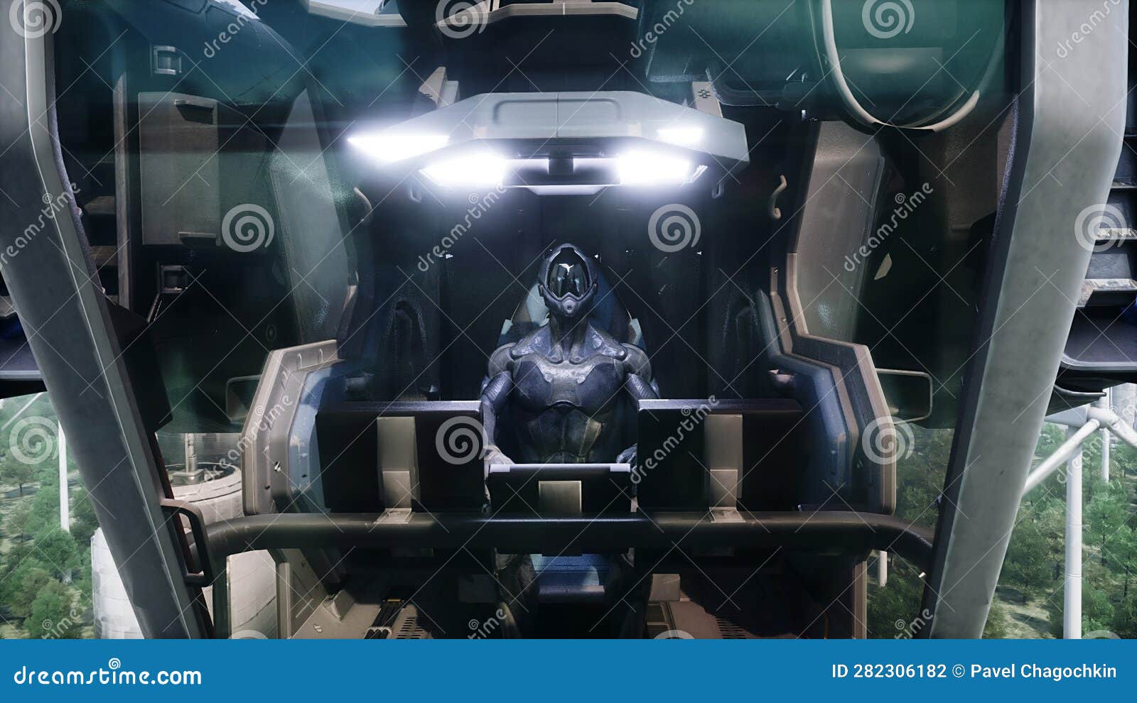 Robot Driver in Futuristic Space Ship. Future Concept. 3d Rendering ...