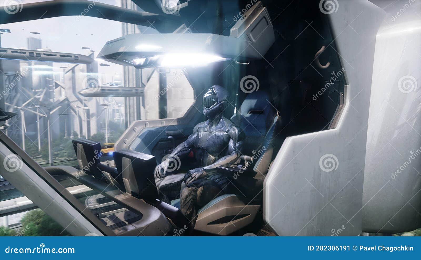 Robot Driver in Futuristic Space Ship. Future Concept. 3d Rendering ...