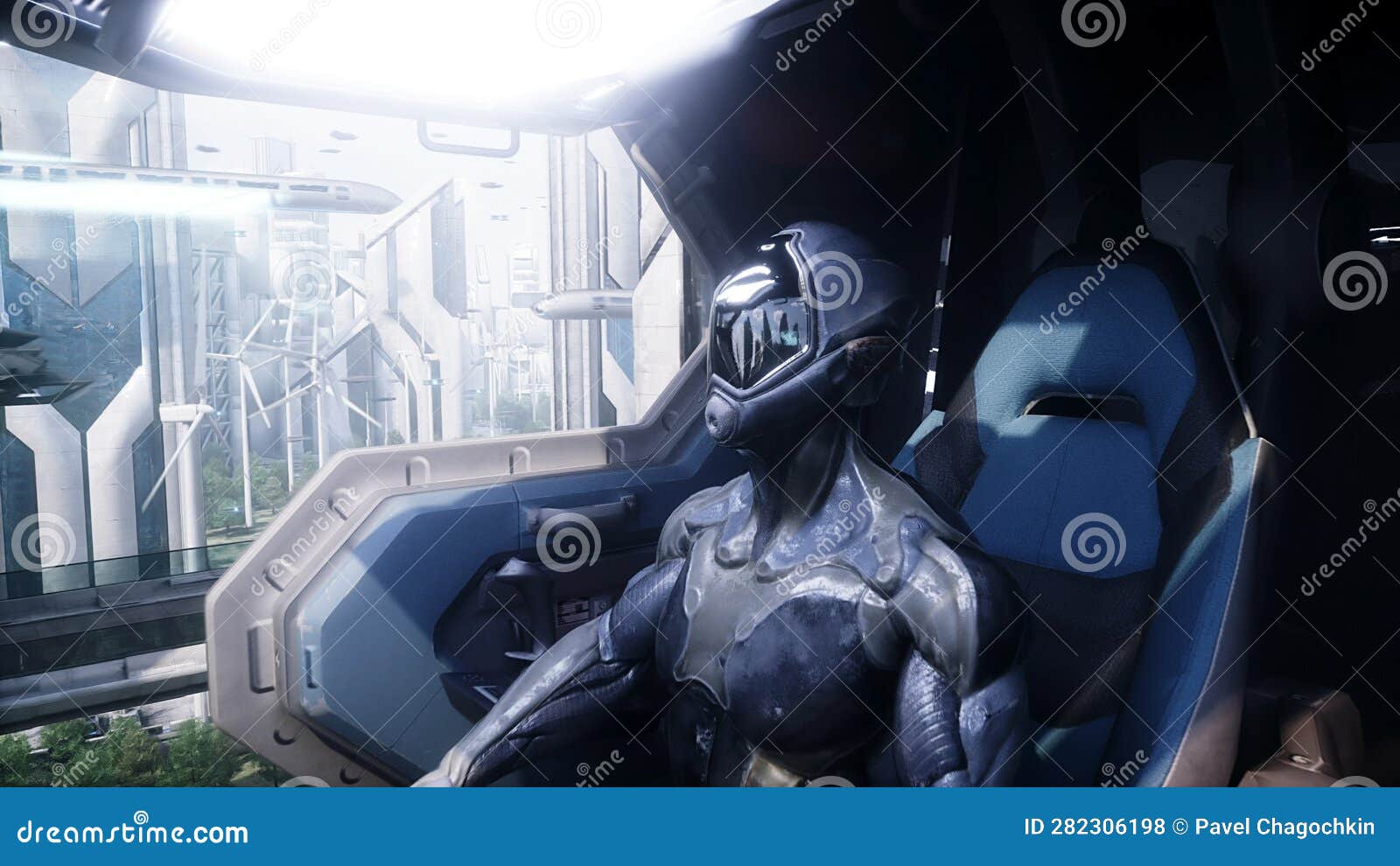 Robot Driver in Futuristic Space Ship. Future Concept. 3d Rendering ...