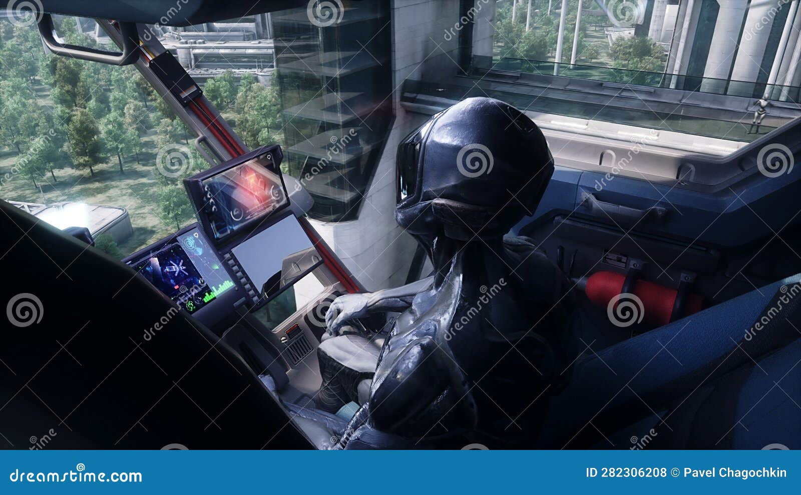 Robot Driver in Futuristic Space Ship. Future Concept. 3d Rendering ...
