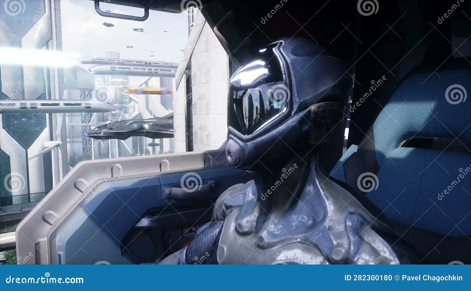 Robot Driver in Futuristic Space Ship. Future Concept. Realistic 4k ...