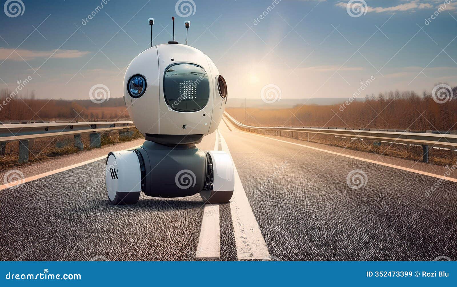 A Robot is Driving Down a Road Stock Illustration - Illustration of ...
